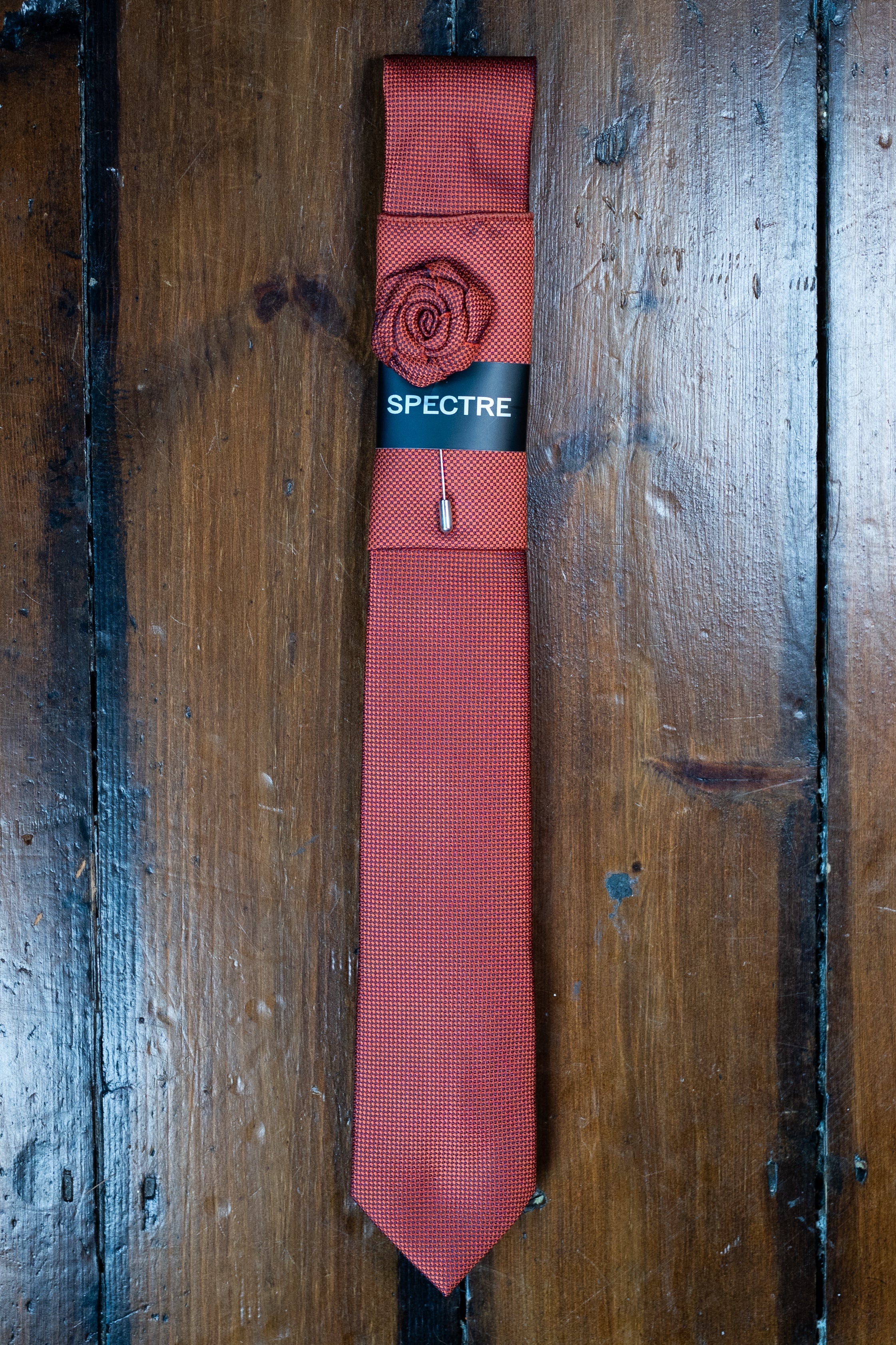 Spectre Burnt Orange Tie, Pocket Square & Flower Lapel Pin Set – Master ...